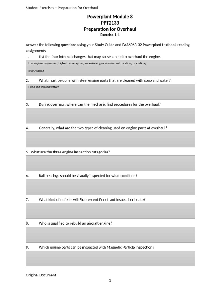 Powerplant Module 8 Unit 1 Exercises | PDF | Wear | Mechanical Engineering