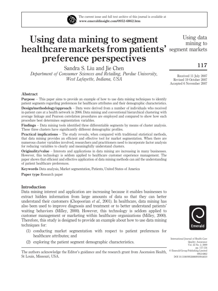 2007 - Using Data Mining To Segment Healthcare Markets From Patients Preference Perspectives ...