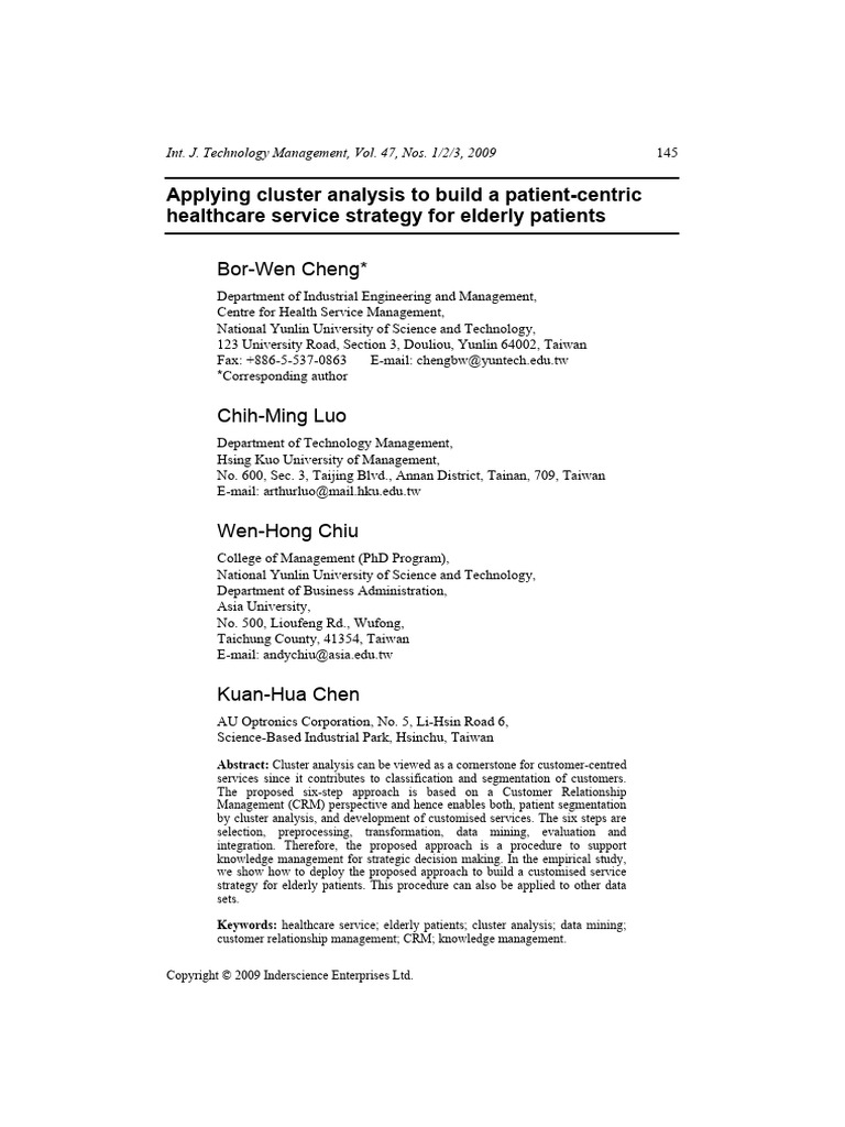 2009 - Applying Cluster Analysis To Build A Patient-Centric Healthcare ...