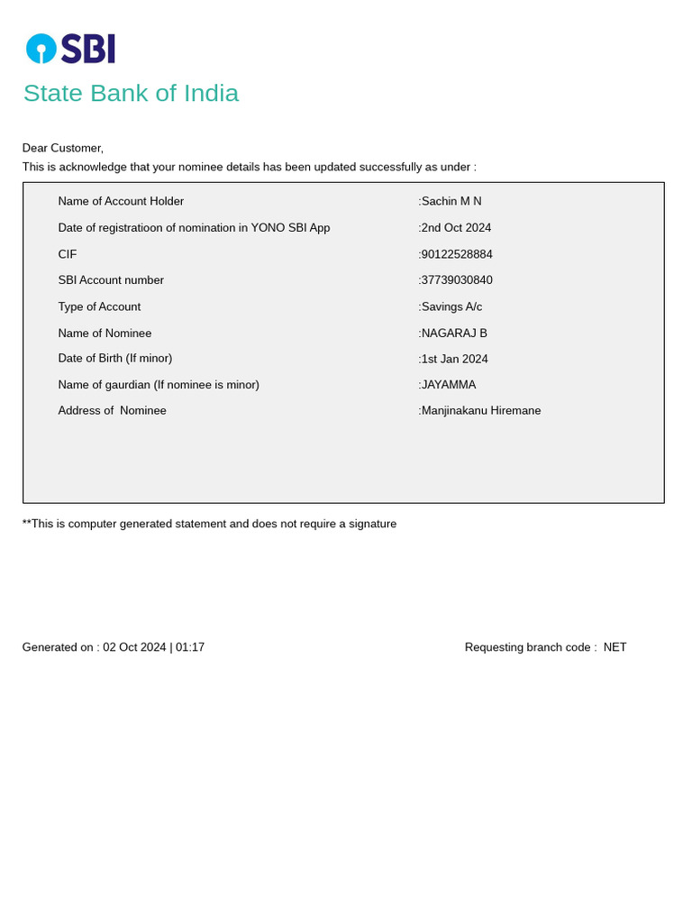 SBI Nominee Acknowledgement Details | PDF