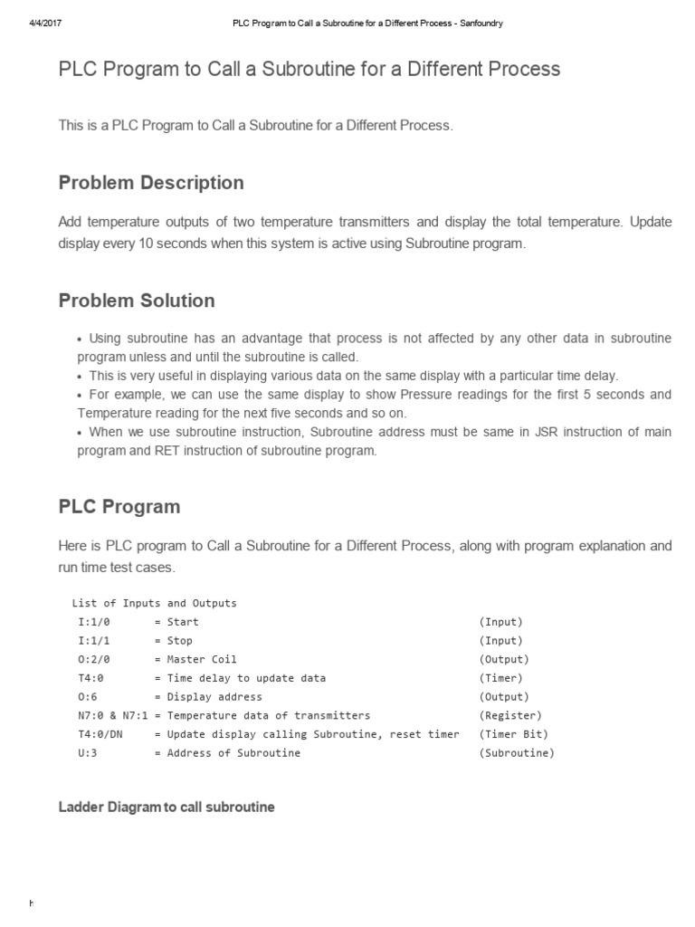Plc Program To Call A Subroutine For A Different Process Pdf Programmable Logic Controller