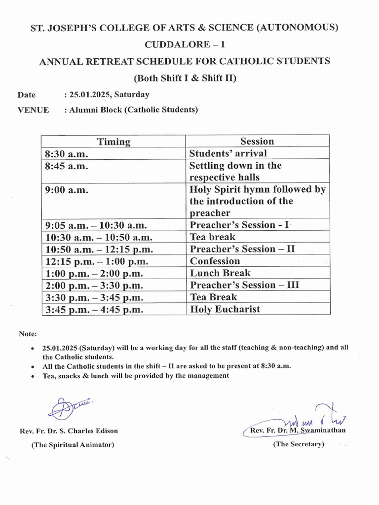 Annual Retreat Schedule For Catholic Students | PDF
