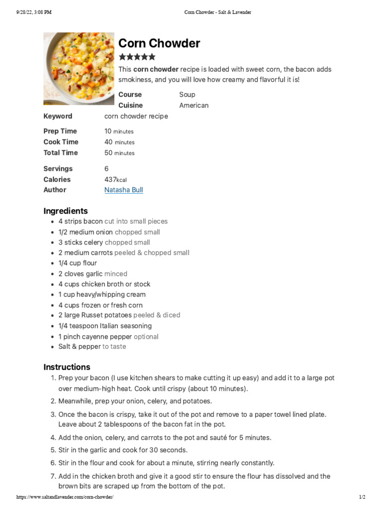 Corn Chowder - Salt & Lavender | PDF | Fat | Bacon