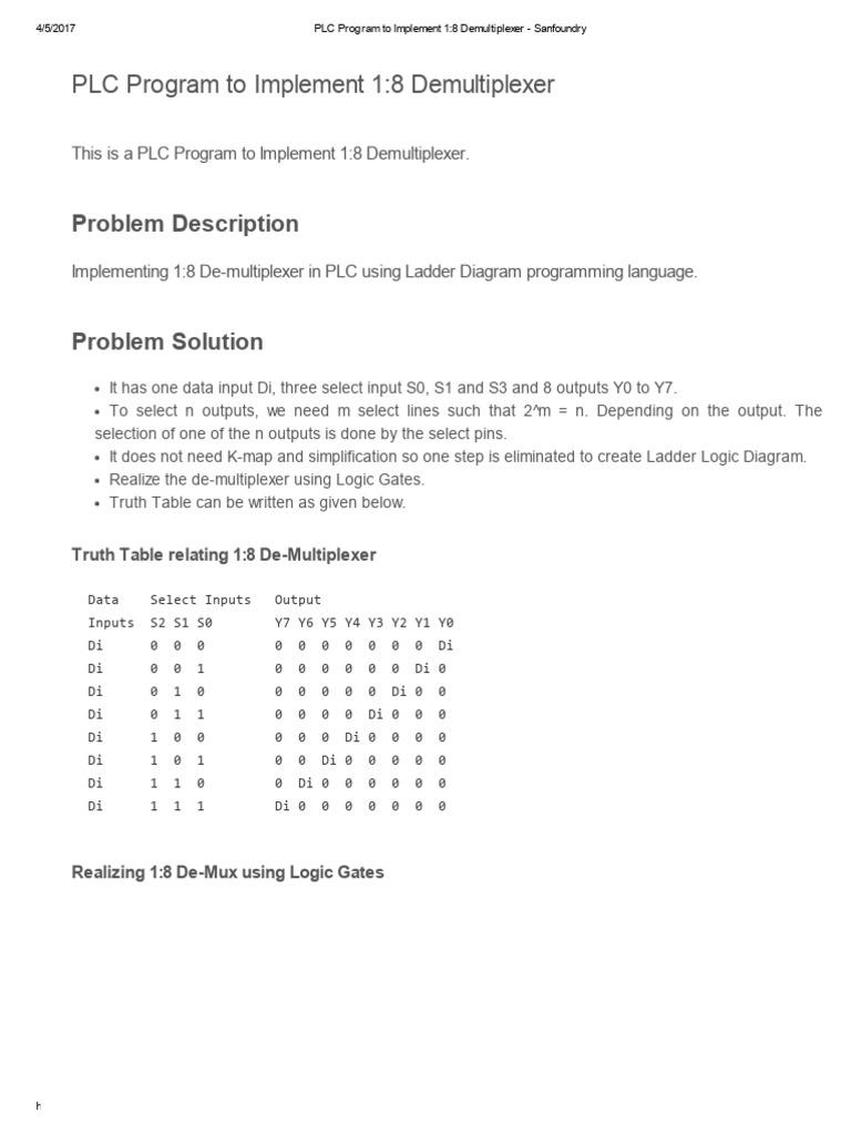PLC Program to Implement 1_8 Demultiplexer - Sanfoundry | PDF | Electrical Circuits | Computer ...