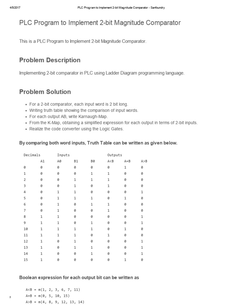 PLC Program to Implement 2-bit Magnitude Comparator - Sanfoundry | PDF | Programmable Logic ...