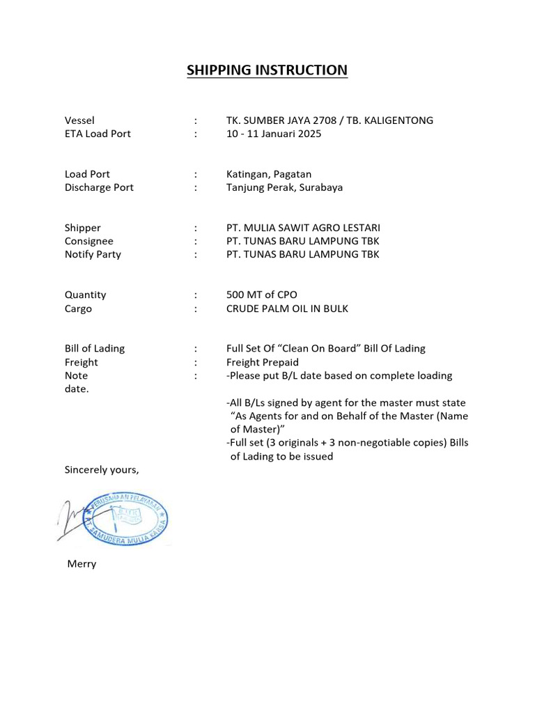 Shipping Instructions For Cpo From Pagatan Pdf
