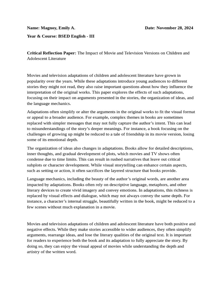 Critical Reflective Essay | PDF | Narrative | Human Communication