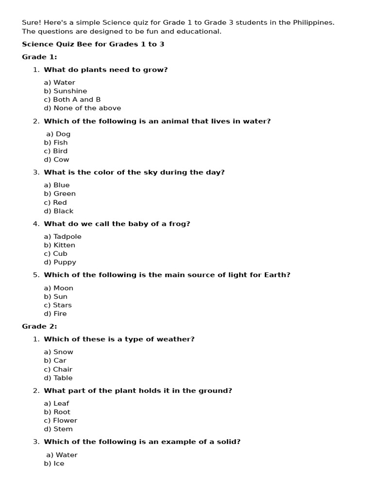 Science Quiz for Grades 1-3 | PDF | Water | Soil
