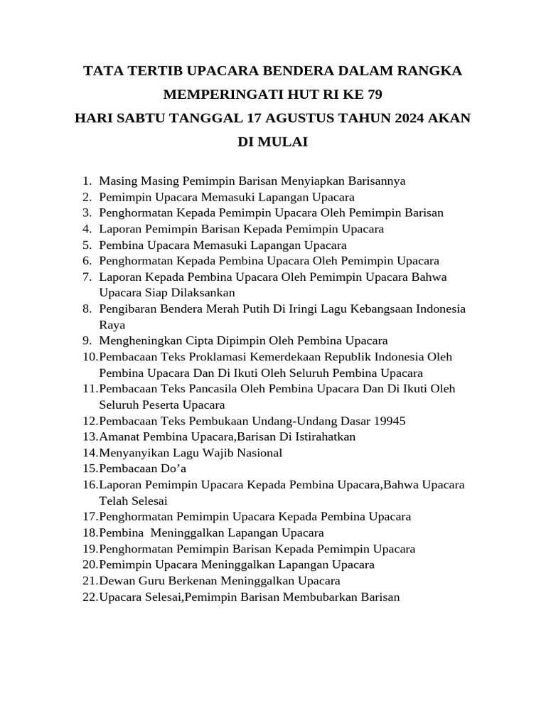 TATA TERTIB UPACARA BENDERA DALAM RANGKA MEMPERINGATI HUT RI KE 79 | PDF