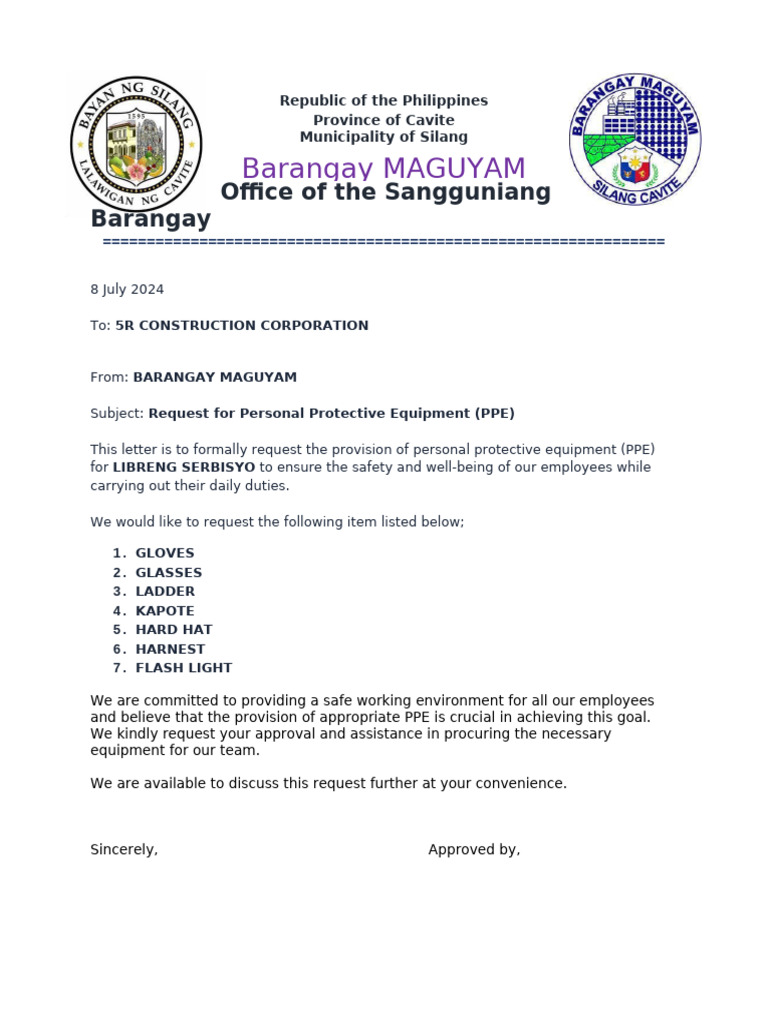 Republic of the Philippines request letter PPE | PDF