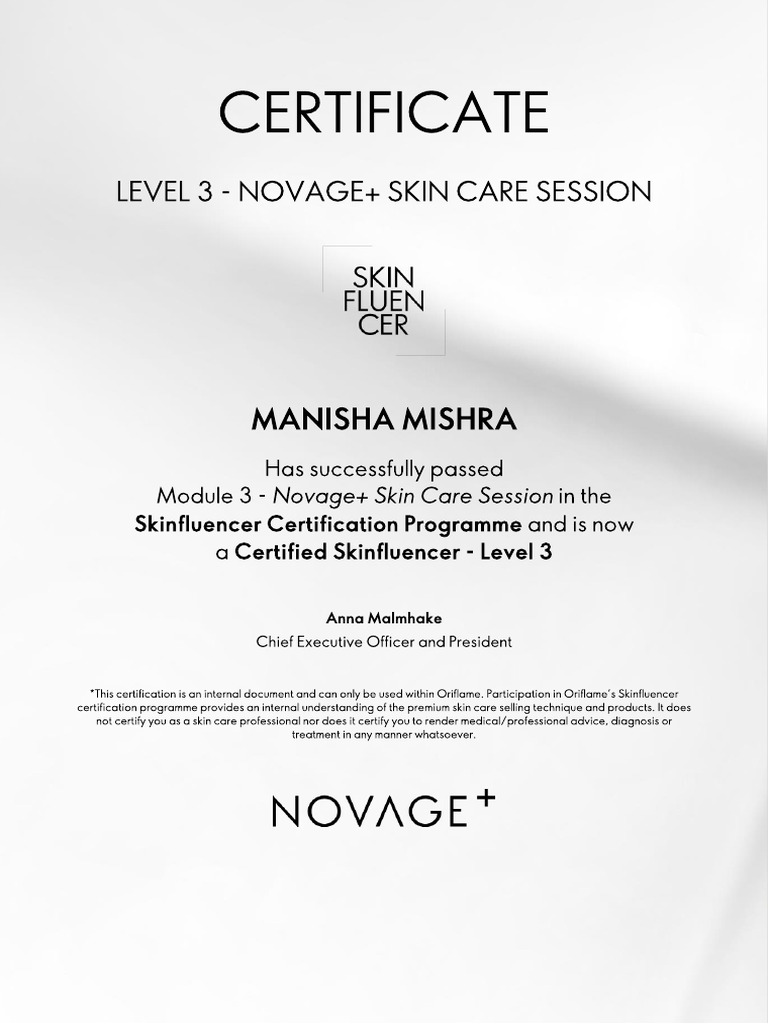 Manisha NOVAGE+ Skincare Session Certificate | PDF