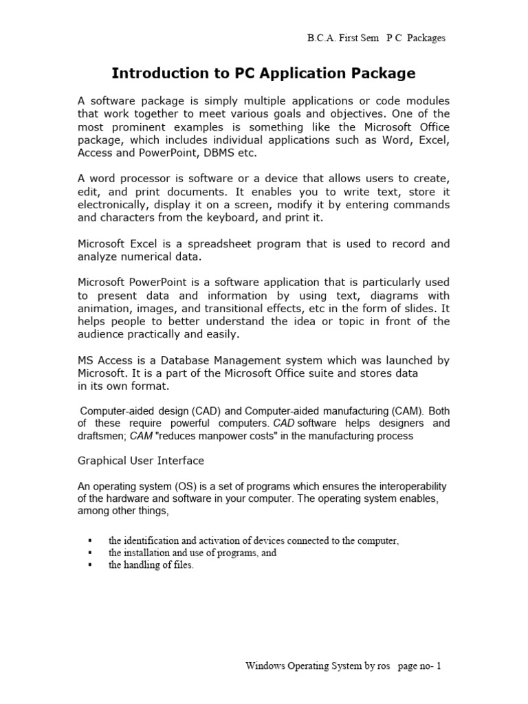 BCA 1st Sem: Intro to OS & Software | PDF | Graphical User Interfaces | Microsoft Windows