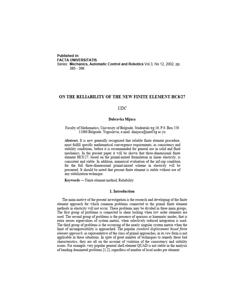 On The Reliability of The New Finite Element HC8/27 | PDF | Finite Element Method | Eigenvalues ...