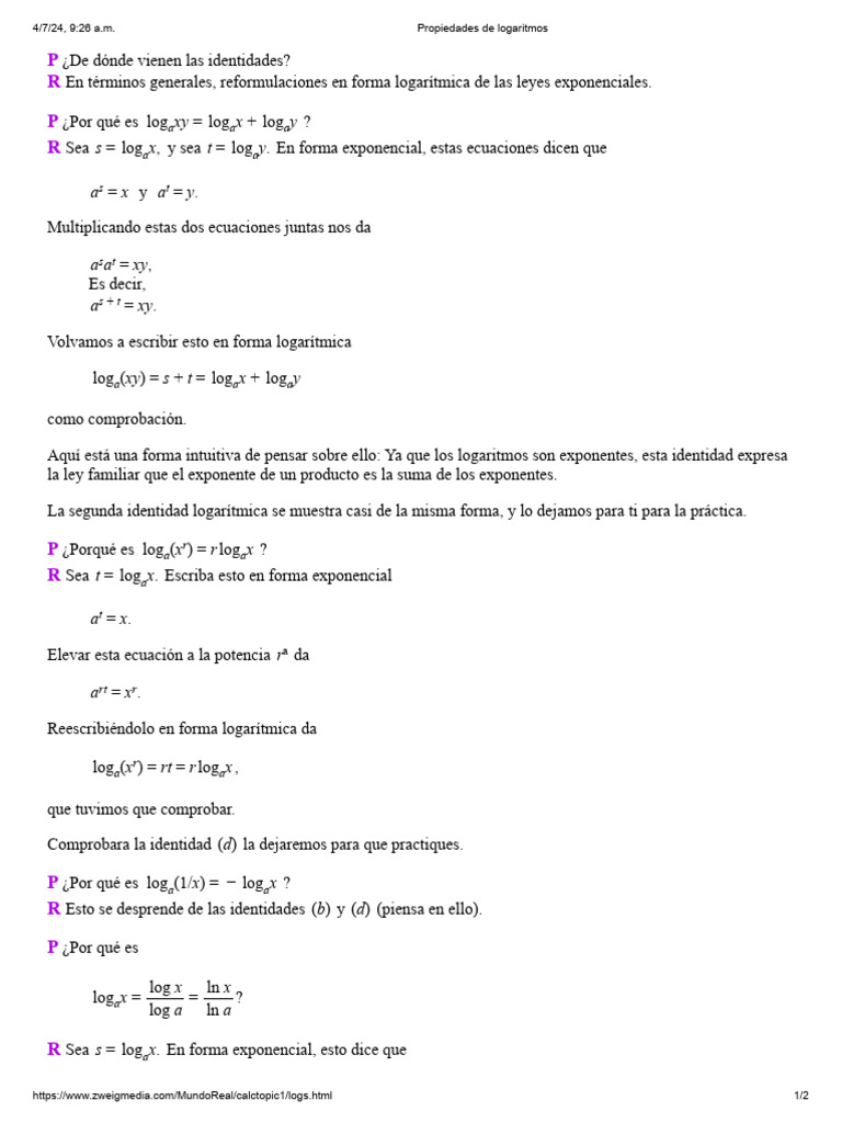 Identidades y Propiedades Logarítmicas | PDF