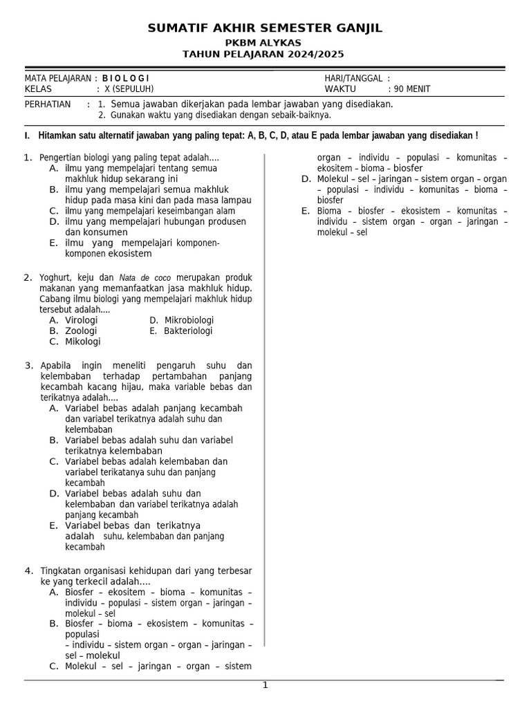 Soal Pas Biologi Kelas X | PDF