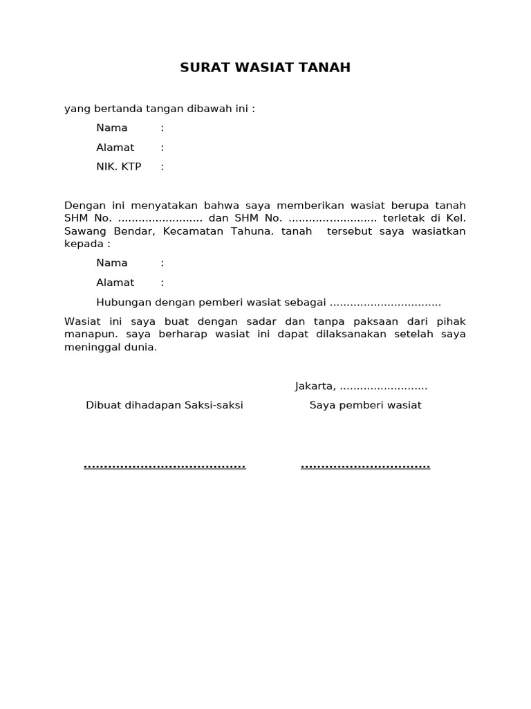 Contoh Surat Wasiat Tanah untuk Anak | PDF