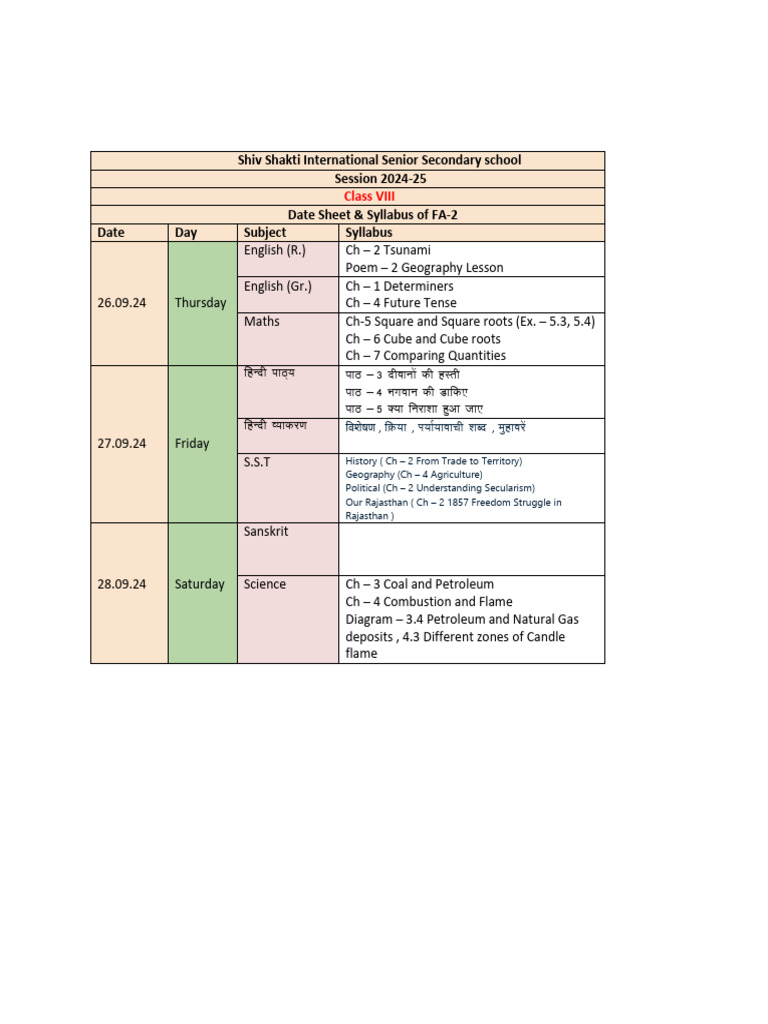 Class 8th Date Sheet and Time Table Fa2 | PDF