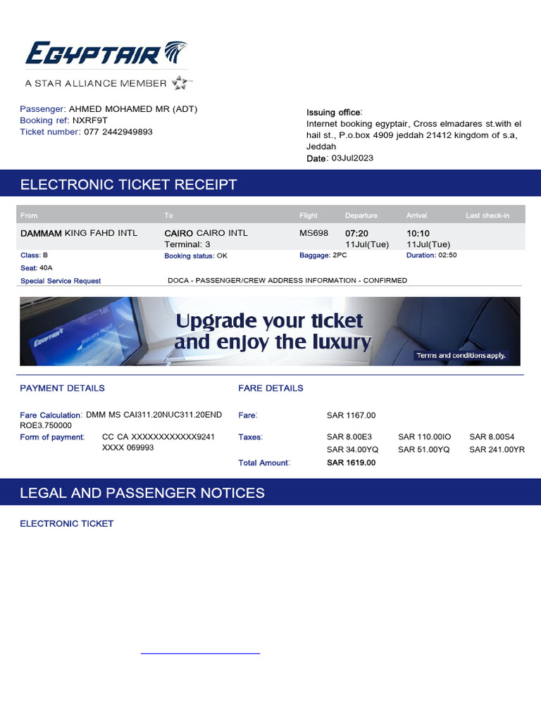EgyptAir Electronic Ticket Receipt | PDF