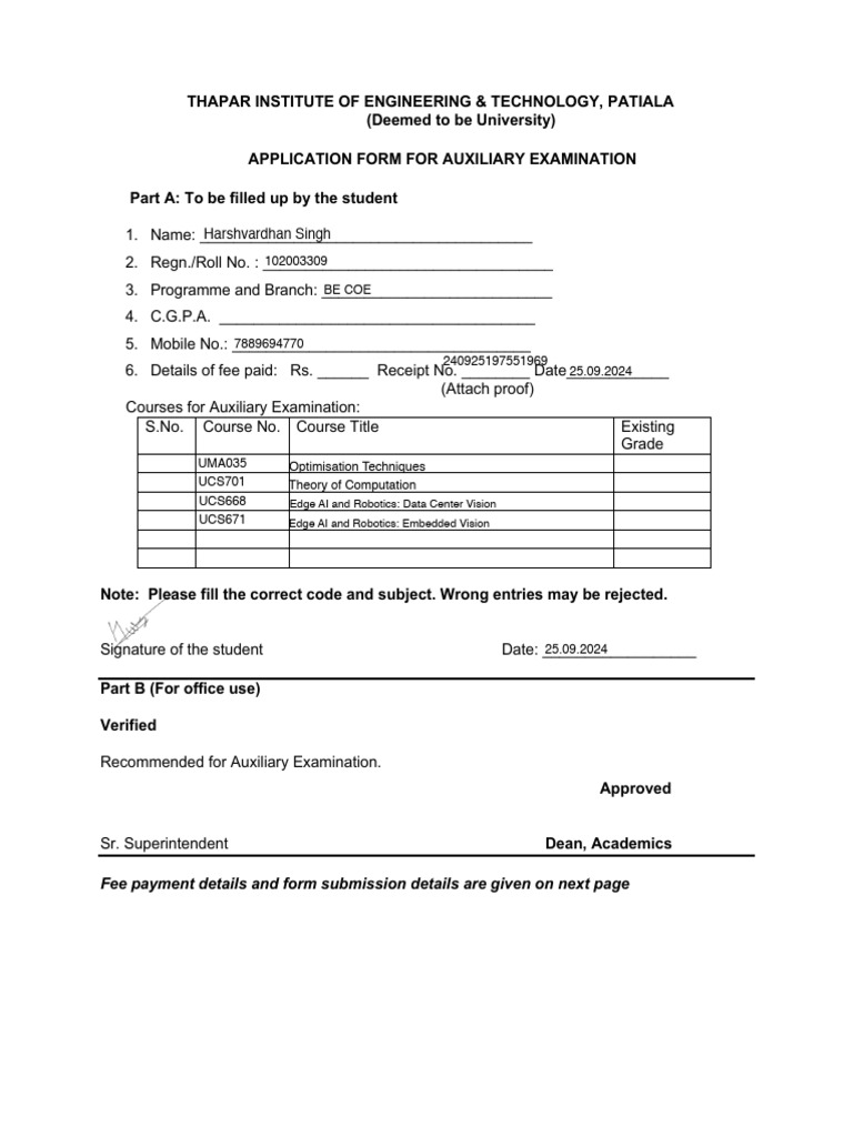 Thapar Institute Auxiliary Exam Application | PDF