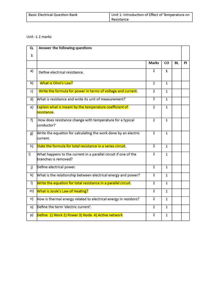 Unit 1 BEE Question Bank | PDF | Series And Parallel Circuits | Resistor