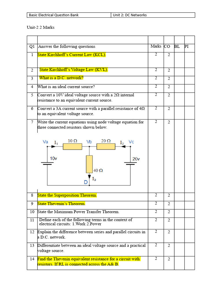 Unit 2 BEE Question Bank | PDF | Electrical Network | Resistor