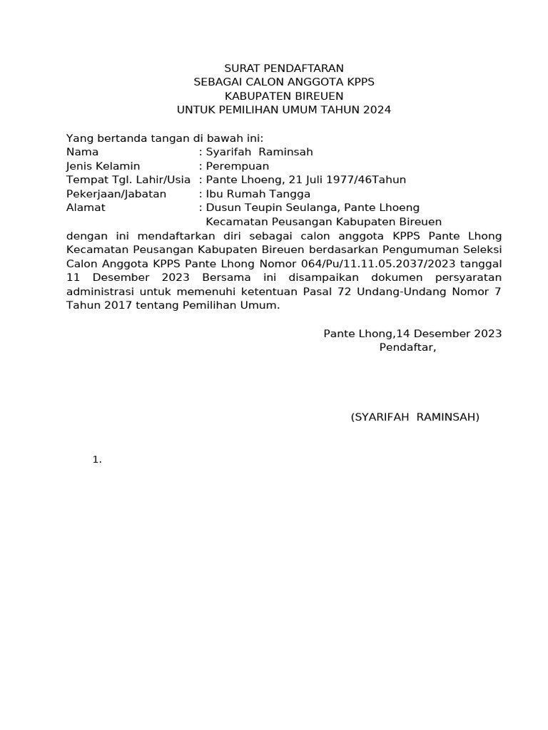 FORMULIR PERSYARATAN KPPS SYARIFAH | PDF