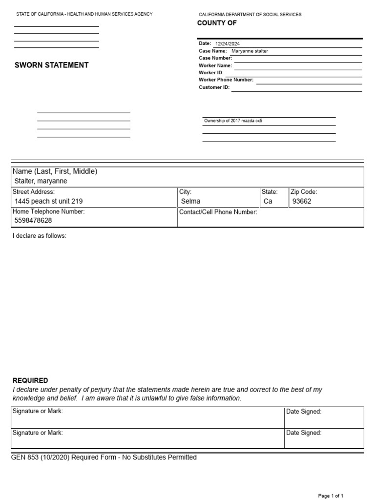 Sworn Statement Form for CA DSS | PDF