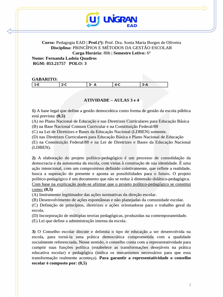 Atividade 2 Gestao Corrigida | PDF | Pedagogia