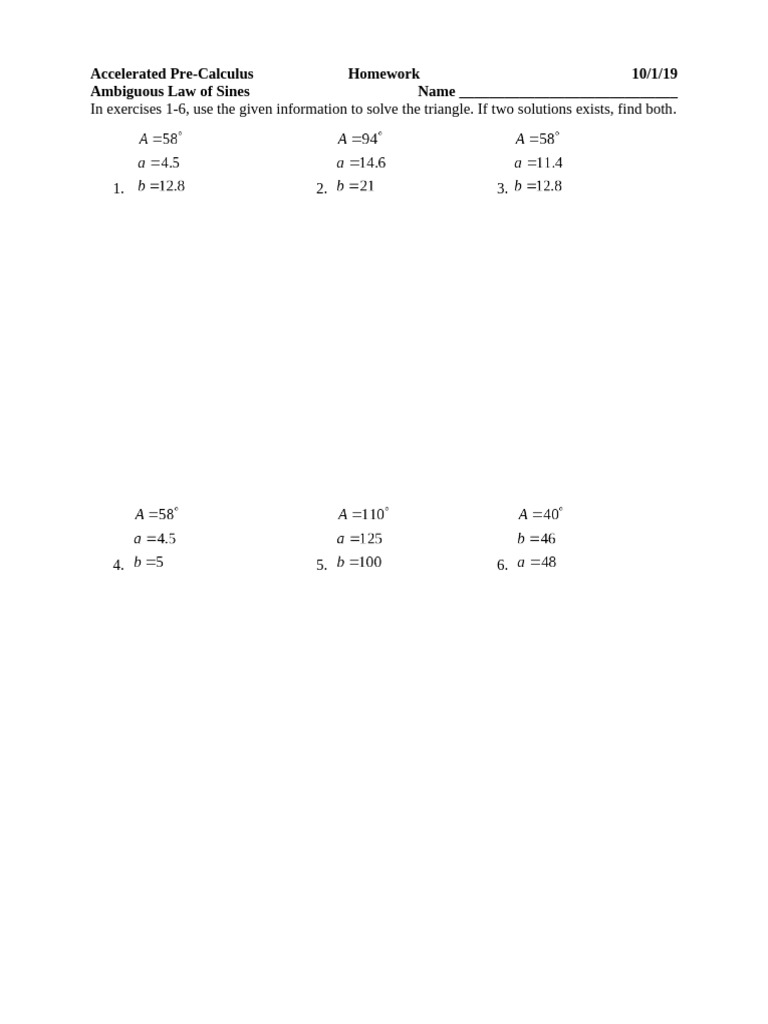 Ambiguous Law of Sines Homework | PDF