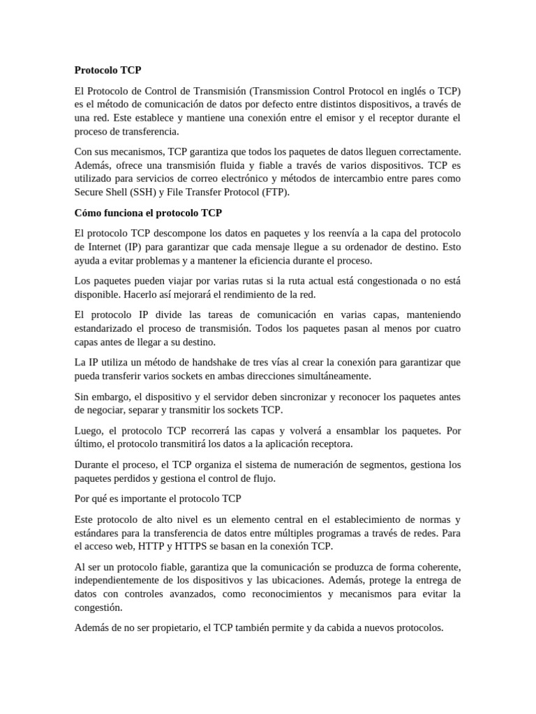 Protocolo TCP: Transmisión de Datos Fiable | PDF | Protocolo de Control ...