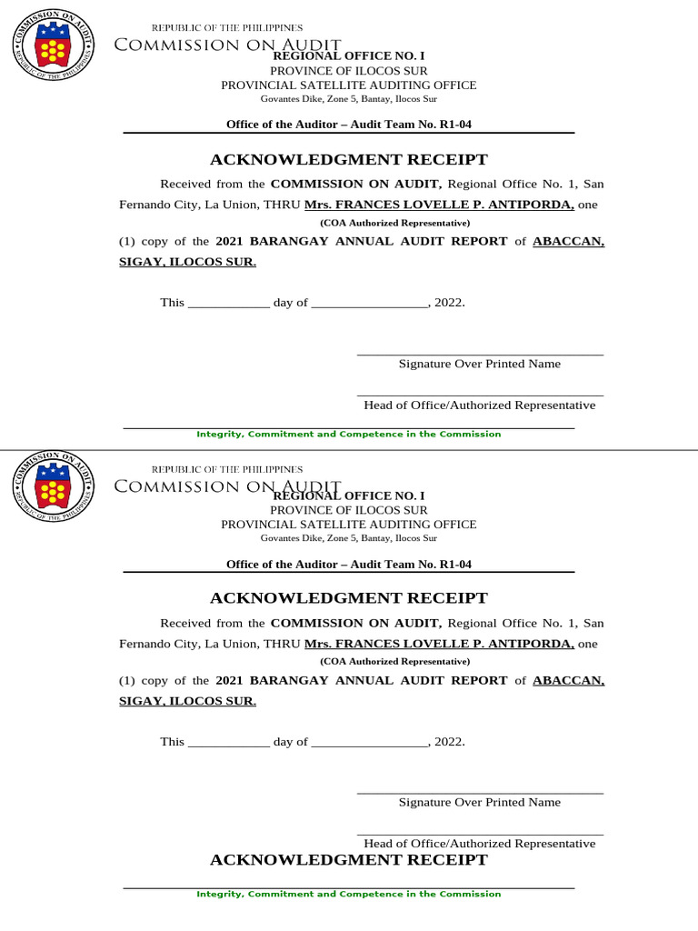 Acknowledgement Receipt Brgys of Sigay | PDF | Auditor's Report ...