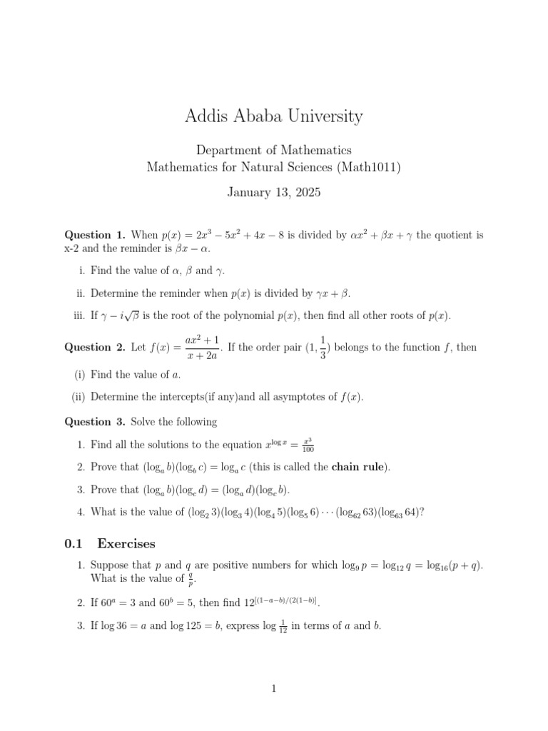 Mathematics for Natural Sciences Exam Questions | PDF