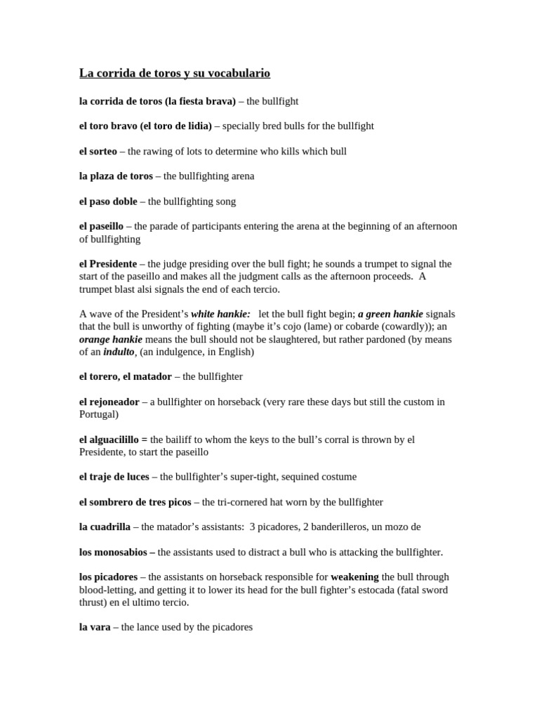 La Corrida de Toros y Su Vocabulario: White Hankie: A Green Hankie ...