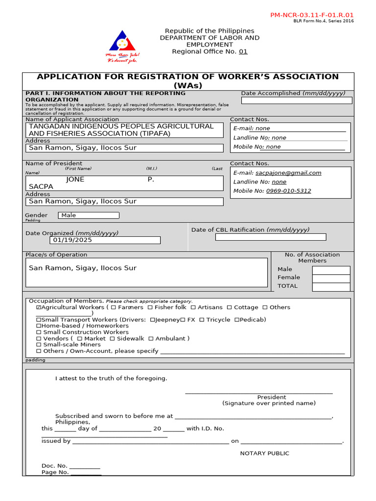 Worker’s Association Registration Form | PDF | Ratification | Justice