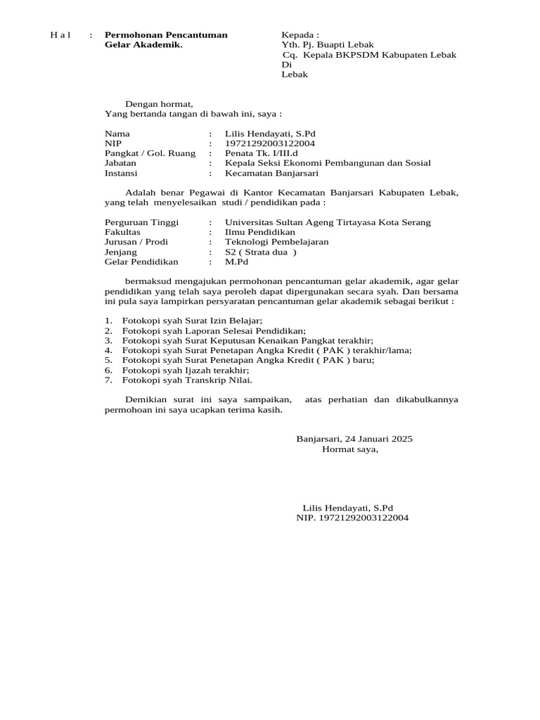 Contoh Surat Permohonan Pencantuman Gelar Akademik Dari Ybs | PDF