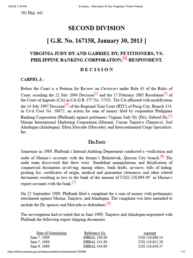 Virginia Judy Dy and Gabriel Dy, Petitioners, vs. Philippine Banking ...