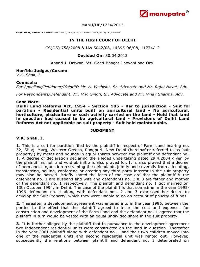 Partition Suit Involving Geeti Bhagat | PDF | Lawsuit | Lease