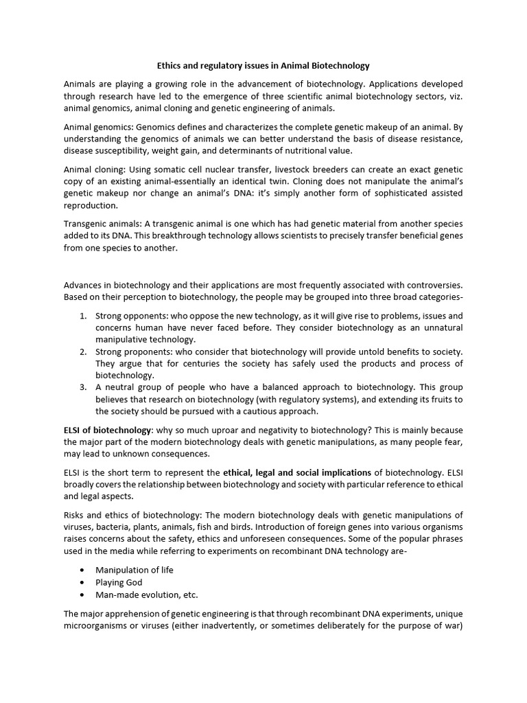 Ethics in Animal Biotechnology Regulations | PDF | Biotechnology ...