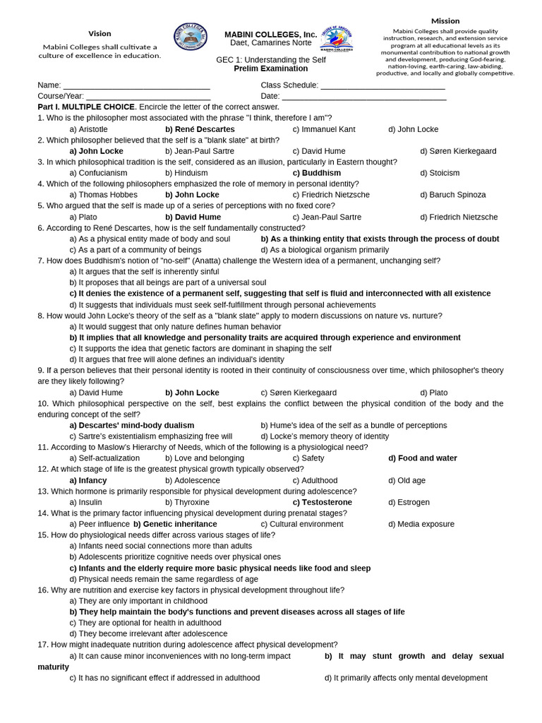 Mam-Cath-Gec1-Prelim-Exam (1ST Sy25-25) | PDF | Philosophy Of Self | Adolescence