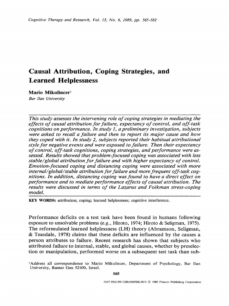 Causal Attribution, Coping Strategies, and Learned Helplessness | PDF | Psychology ...