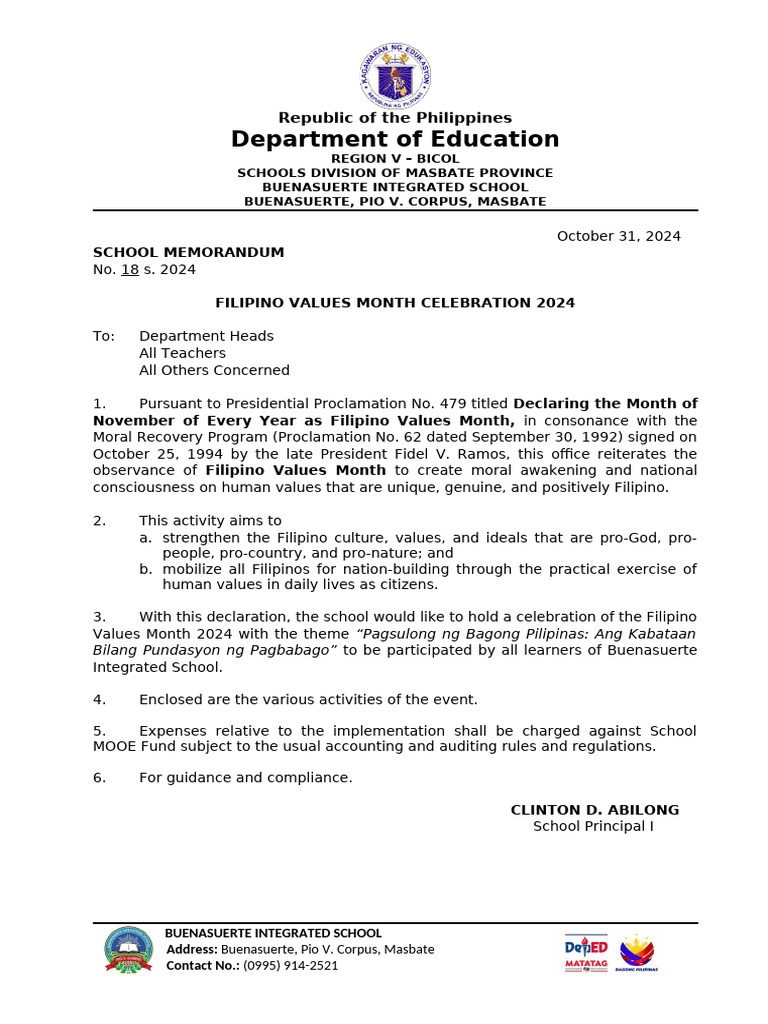 Filipino-Values-Month-School-Memo | PDF | Philippines