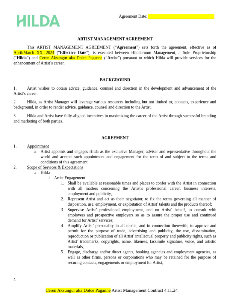 Dolce Paganne Artist Management Contract 4.11.24 | PDF | Indemnity | Breach Of Contract