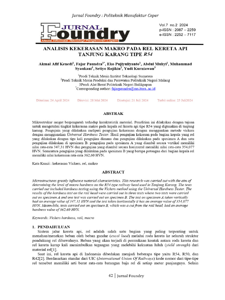 Analisis Kekerasan Makro Pada Rel Kereta Api Tanjung Karang Tipe R54 | PDF