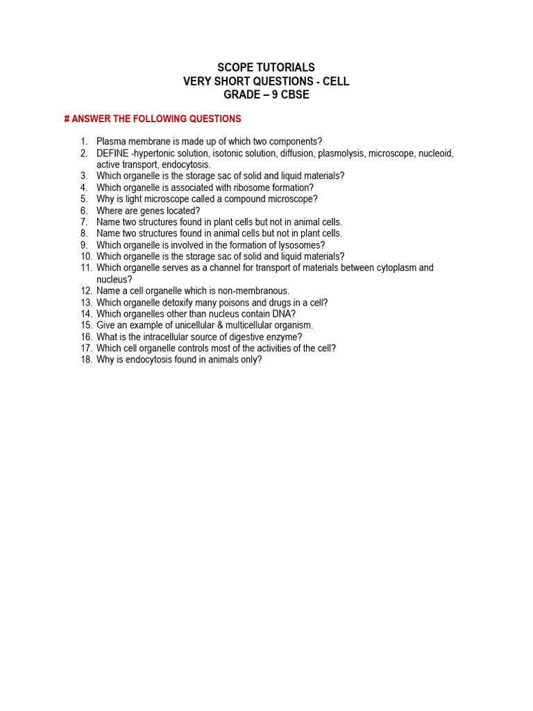 Very Short Ques Practice Cell | PDF