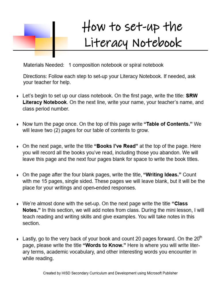 Set Up of Literacy Notebook | PDF