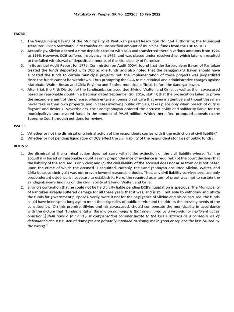 Matobato vs. People: Civil Liability Ruling | PDF | Acquittal ...