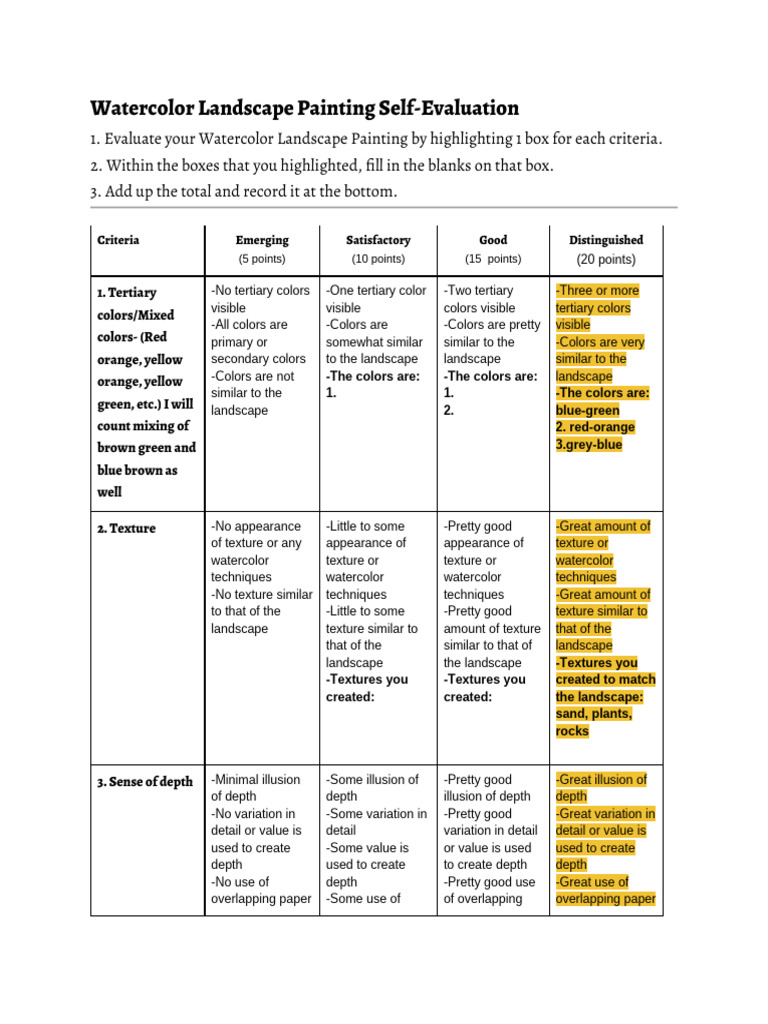 Watercolor Painting Self-Evaluation Guide | PDF | Color | Paintings