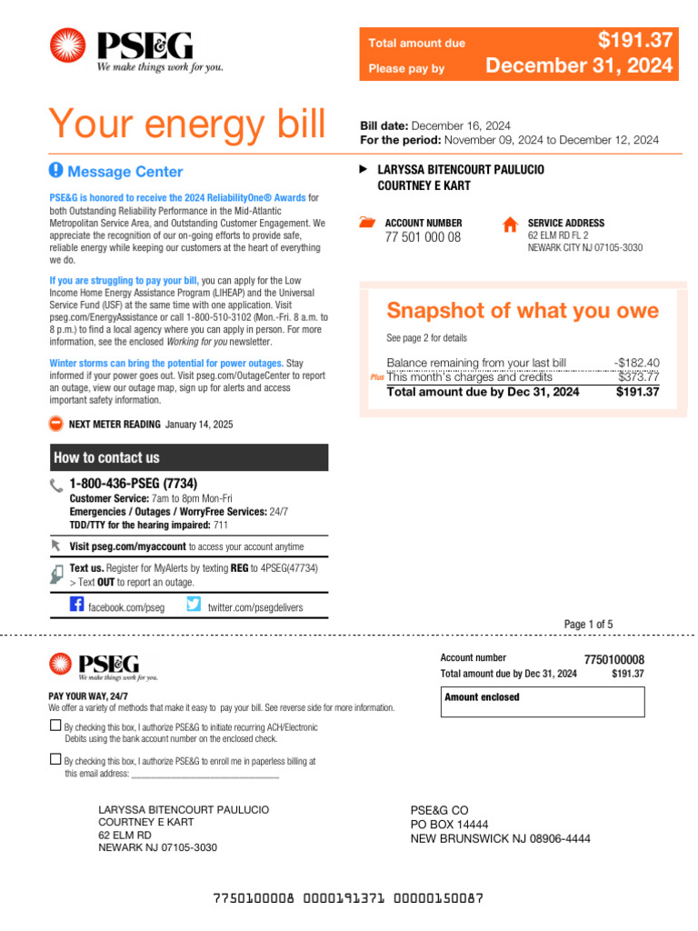 PSEG Bill 11092024 - 12122024 | PDF | Credit Card | Fee