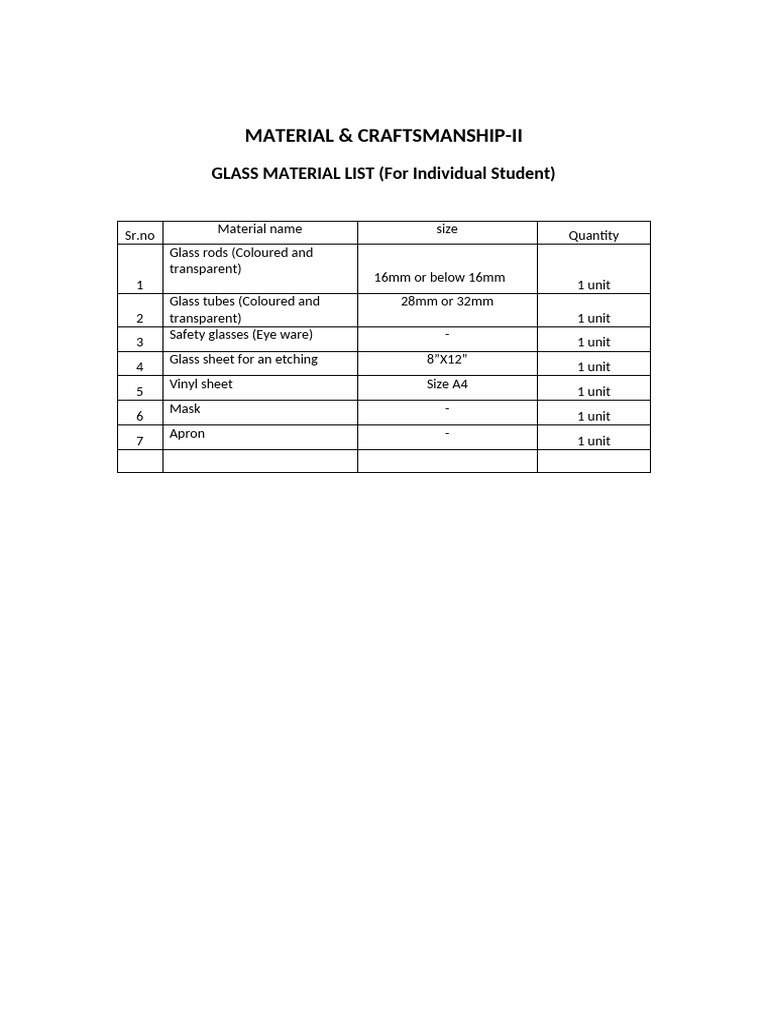 Glass Material List For Individual Students | PDF