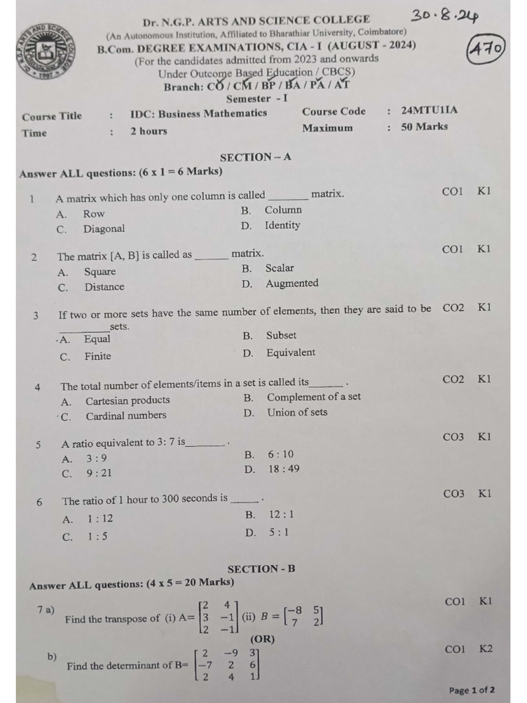 BM-CIA 1&2 Question Papers | PDF